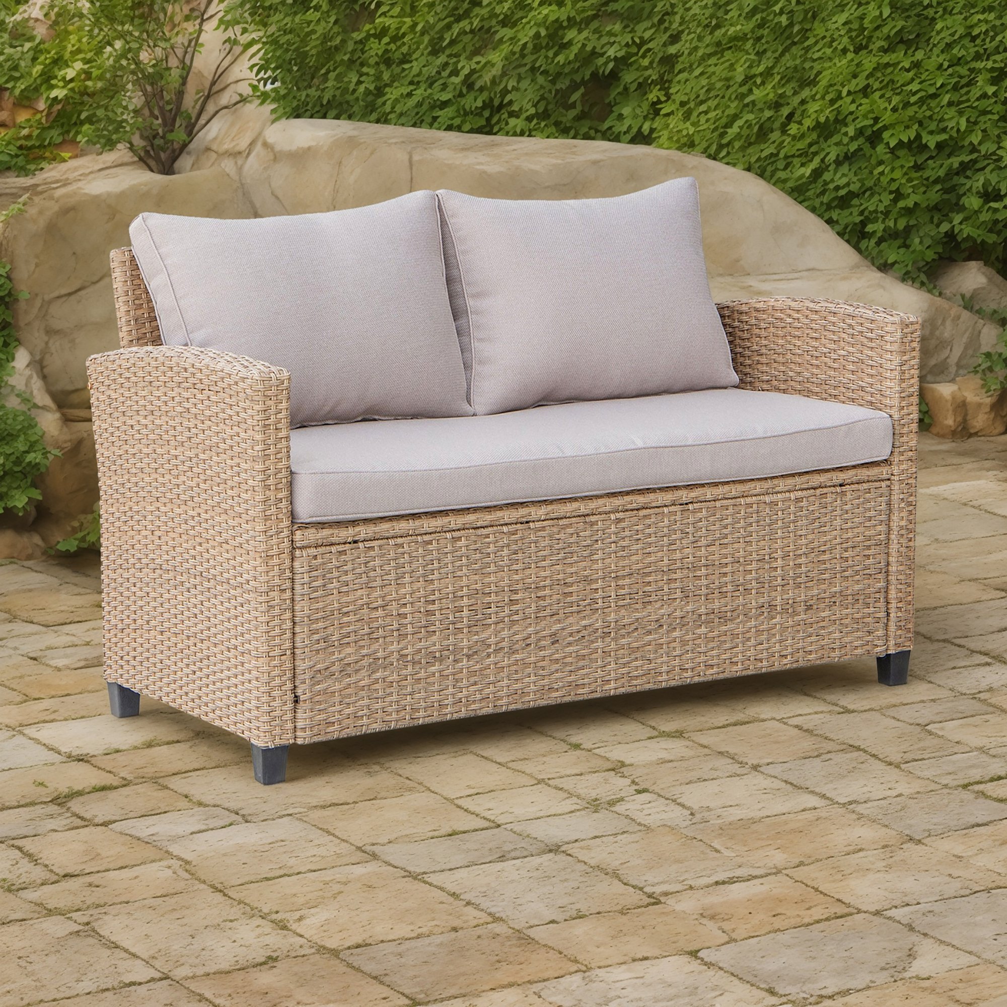 Savona 2-istuttava sohva, harmaa/beige polyrottinki / Masku.com