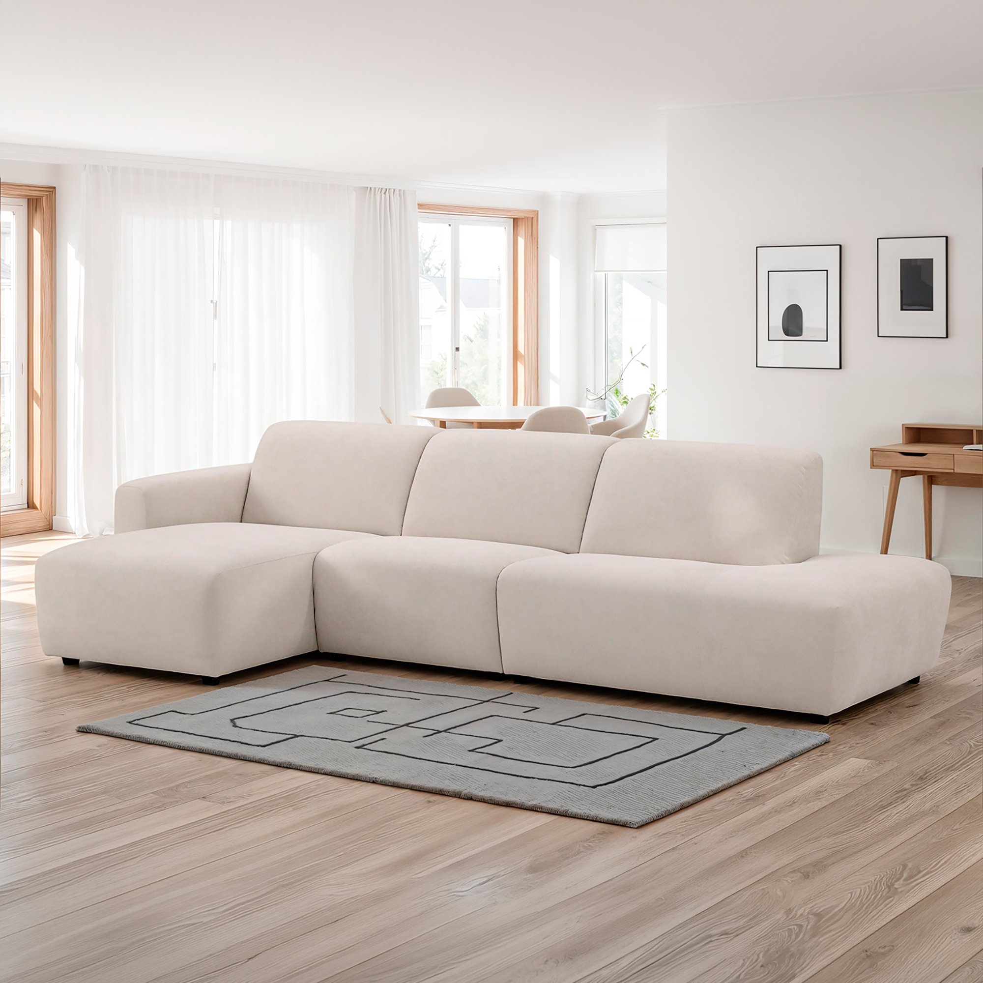 Basel 3-istuttava divaanisohva avopäädyllä oikea, beige / Masku.com